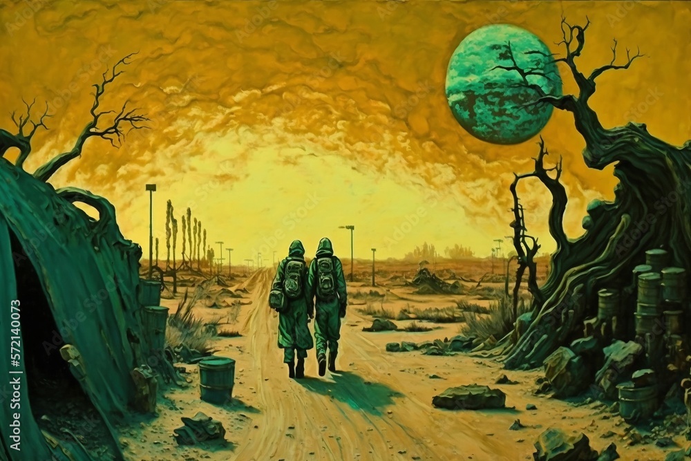 Impressionist Style Illustration of Survivors of a Toxic Apocalypse in ...