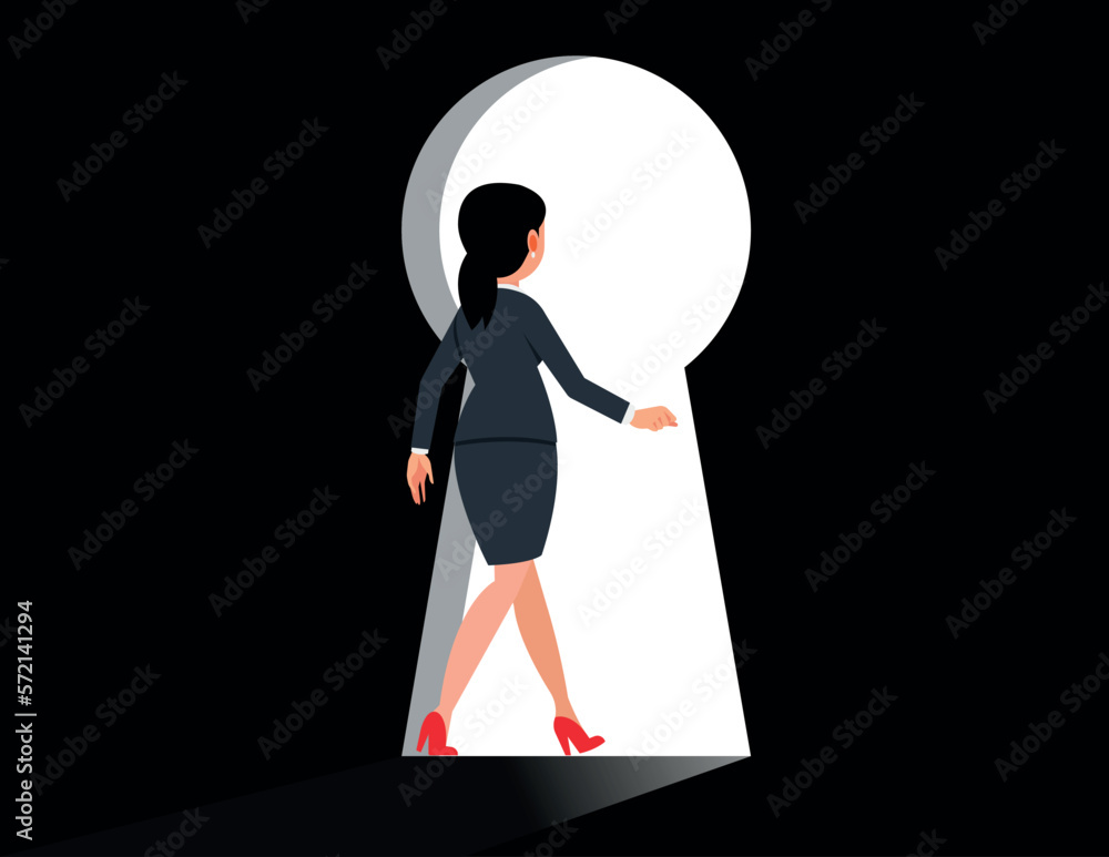 Problem solution and secret discovery. Business woman walking through ...