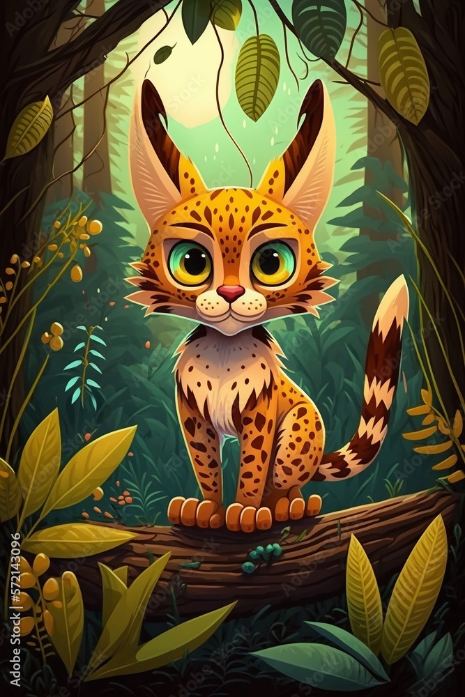 Storybook Animation Style Illustration of a Cute Lynx Sitting on a Log ...