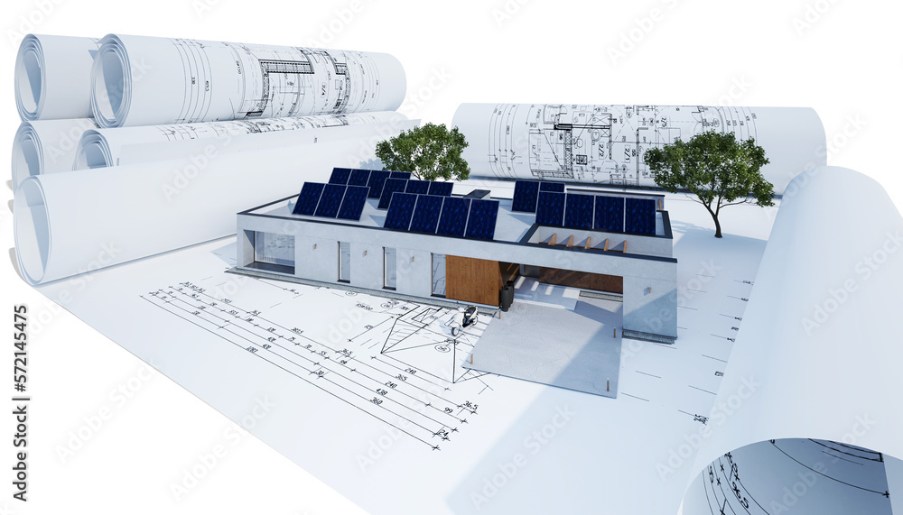 Bauplannung an einem modernen Haus in der Bungalow-Bauweise - 3D ...