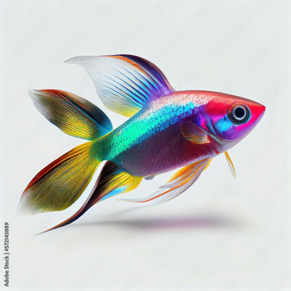 An ultra realistic Neon tetra fish that jumps by splashing on a white ...