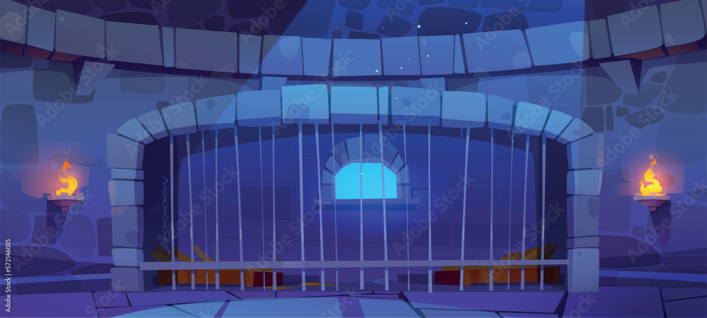 Dark medieval castle dungeon cartoon background. Empty prison cell ...
