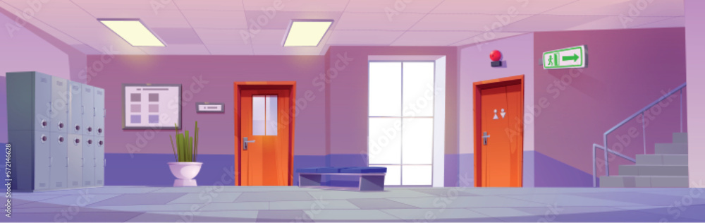Empty school hall with locker, stairs and exit signboard cartoon ...