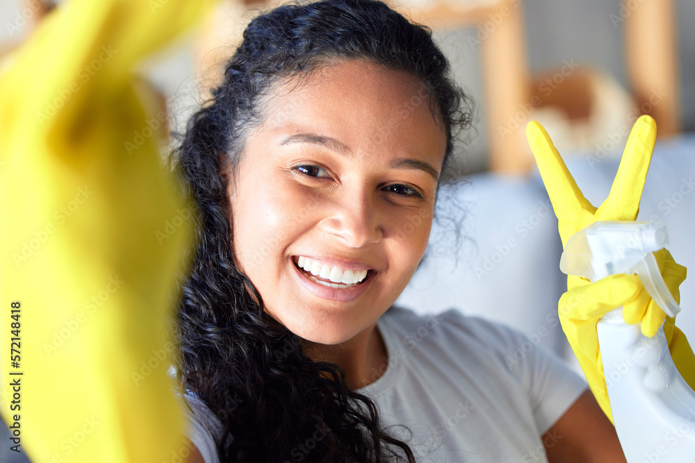 Woman, portrait and peace sign for selfie in housekeeping, cleaning or ...