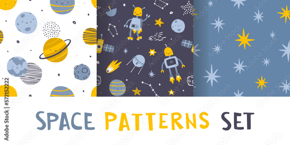 Cute space pattern set with robots and planets for kids. Seamless ...