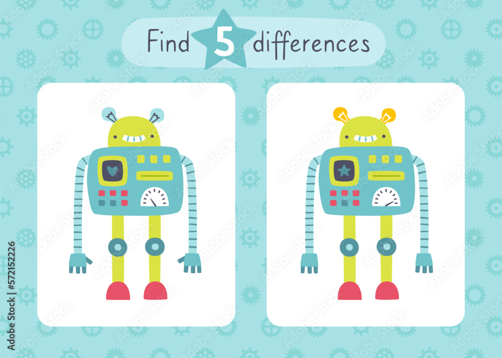 Find differences mini game for kids with cute robot. Funny game with ...