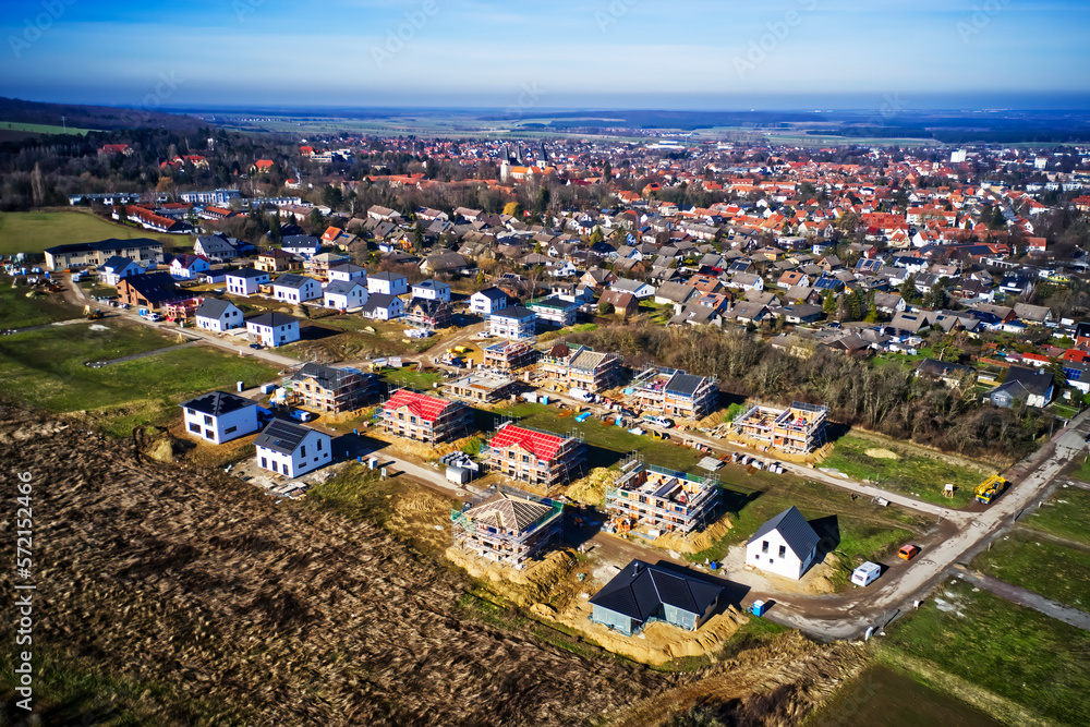Aerial view of a new development area on the outskirts of a small town ...