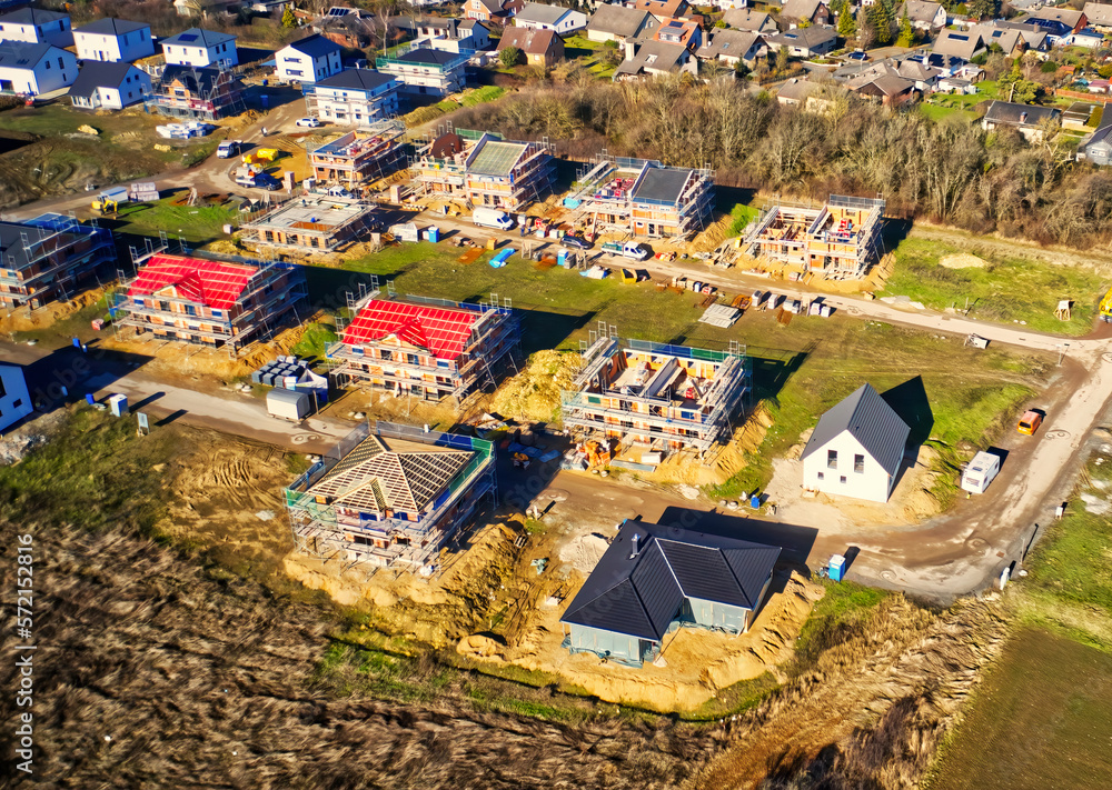 Aerial view of a new development area on the outskirts of a small town ...