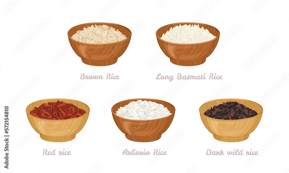 Set of wooden bowls with rice seed of different types. Arborio, dark ...