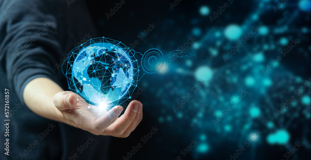 Foto de Businessman hand show of digital data network transformation for next generation ...