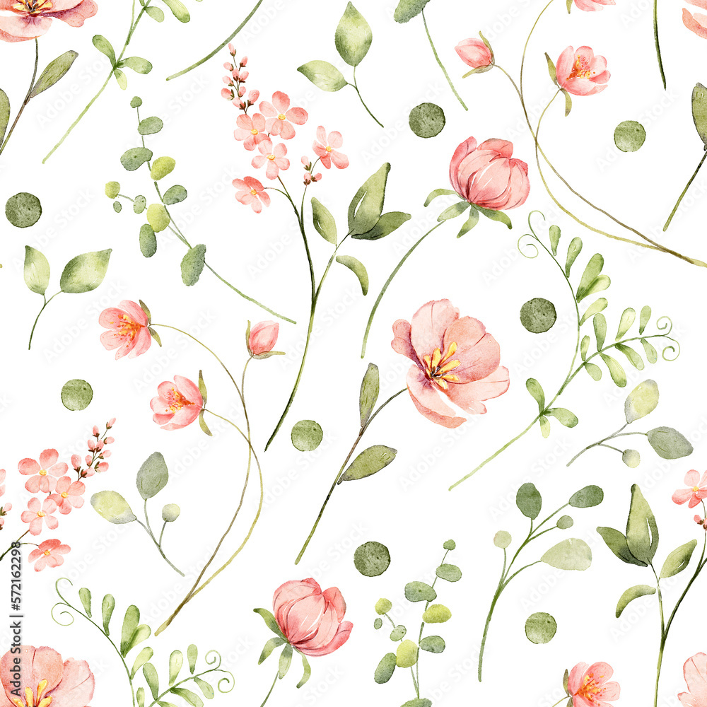 Seamless background, floral pattern, digital paper with watercolor pink ...
