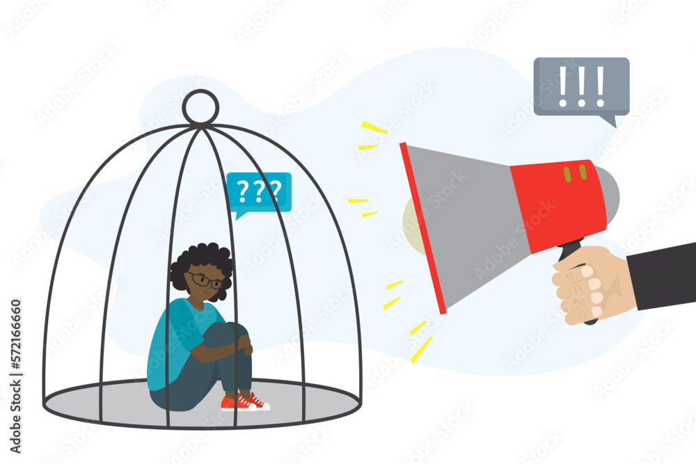 Vetor de Unhappy african american girl sits in cage. Hand of parent or ...