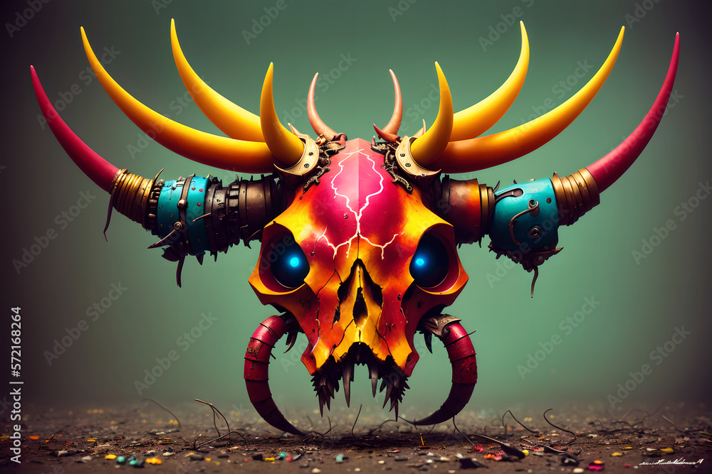 Hellish monster with fangs and horns, rotted flesh, empty eye sockets ...