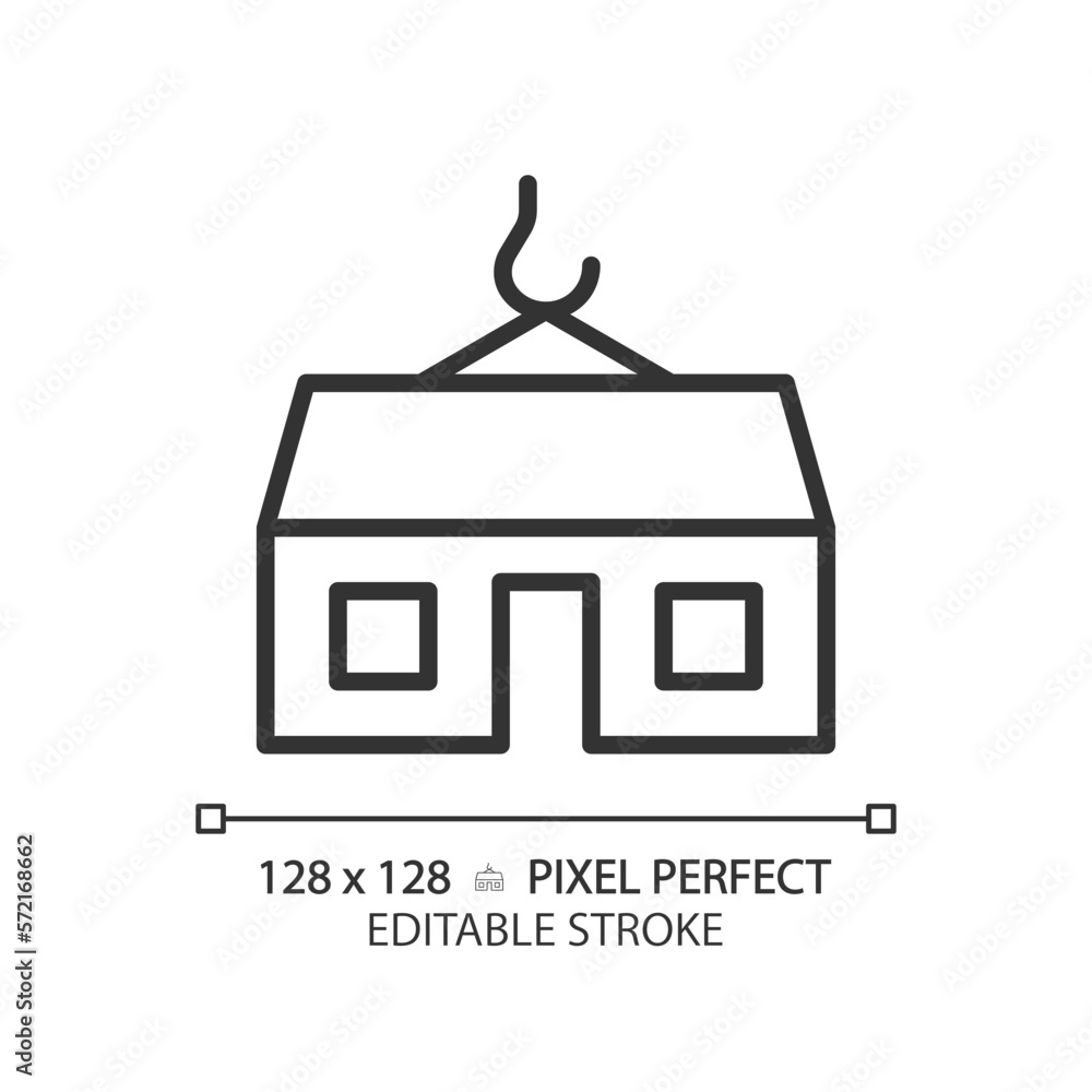 Modular home pixel perfect linear icon. Prefabricated house. Movable ...