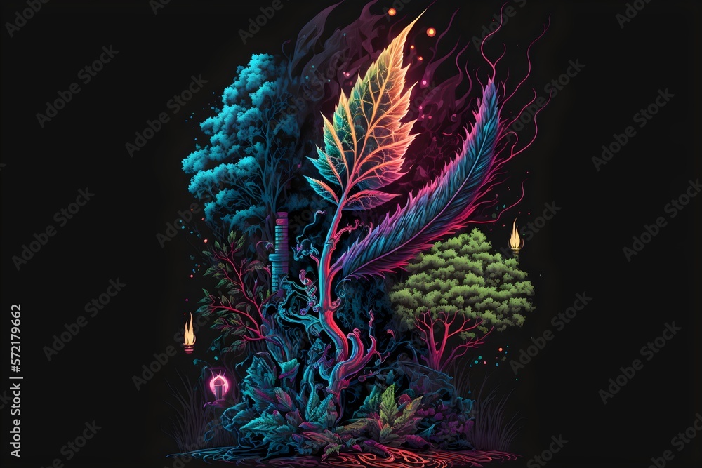 Purple marijuana plants in colored pink neon light on dark background ...