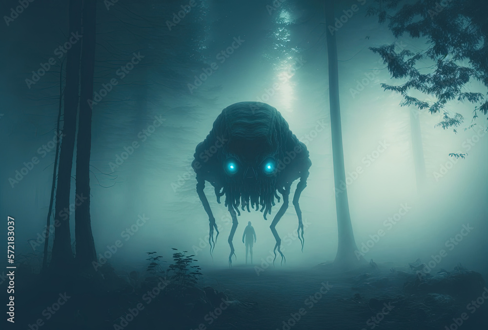 Scary alien monster in the misty night forest. The creepy silhouette of ...