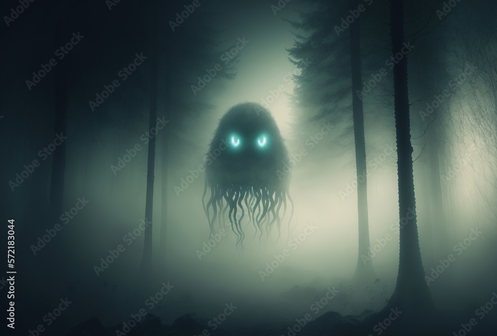 Scary alien monster in the misty night forest. The creepy silhouette of ...
