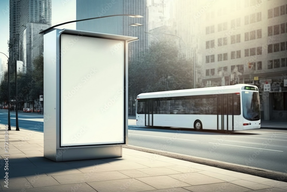 Vertical billboard mockup on city street background with bus stop ...
