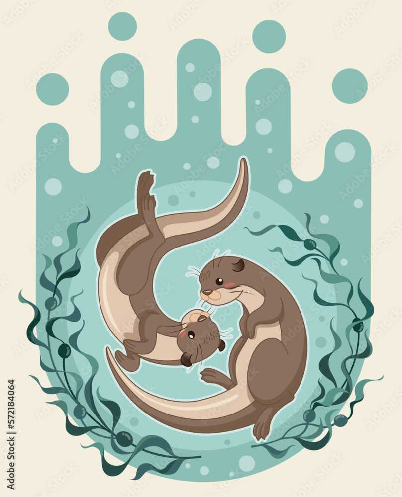 sea otter floating on water with kelp forest vector illustration Stock ...