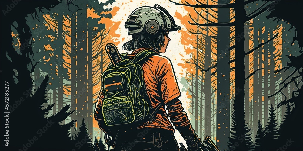 female logger wearing operating saw in forest, concept of women do mens ...