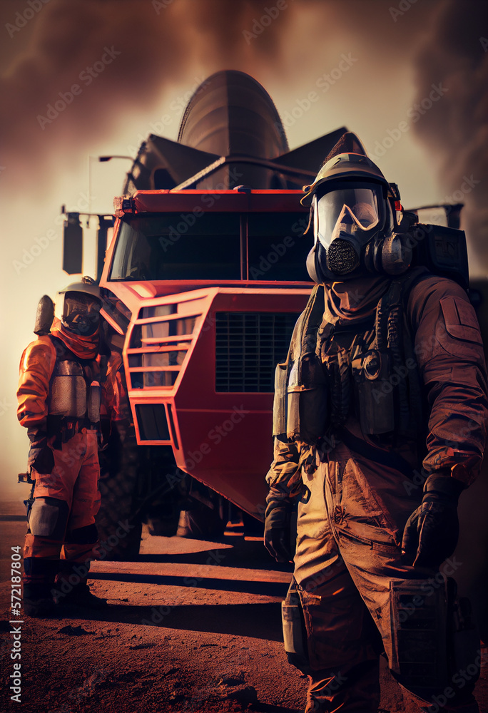 Rescuers on special equipment in the zone of a man-made disaster ...