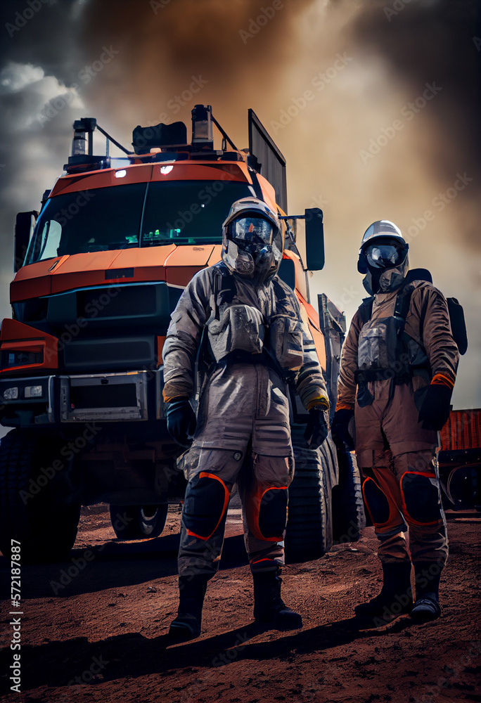Rescuers on special equipment in the zone of a man-made disaster ...