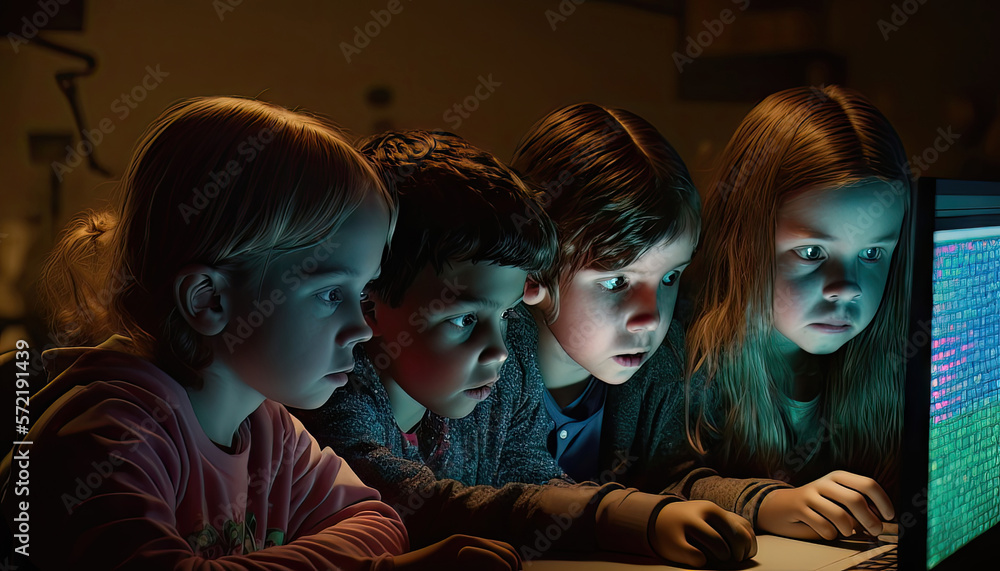AI generated group of children sitting around a computer or a screen ...