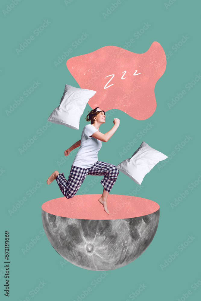 Vertical photo collage of young funny woman jumping running fast energy ...