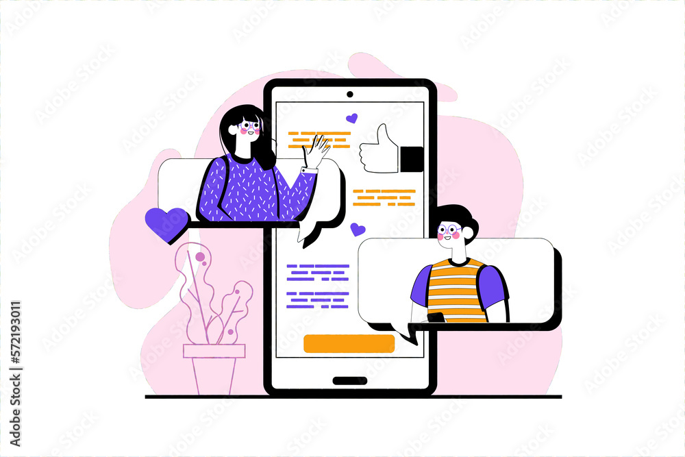 Chatting purple concept with people scene in the flat cartoon design ...