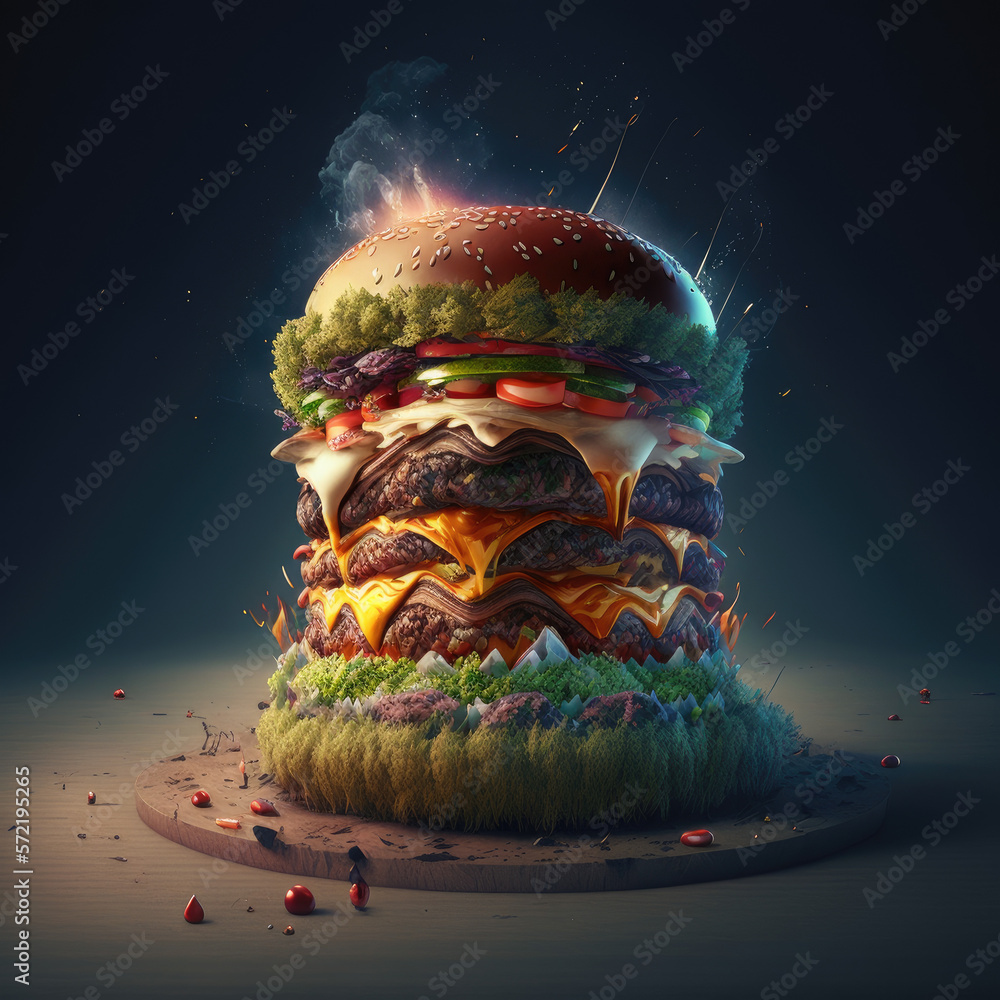 An explosive burger illustration with flames bursting out from all ...