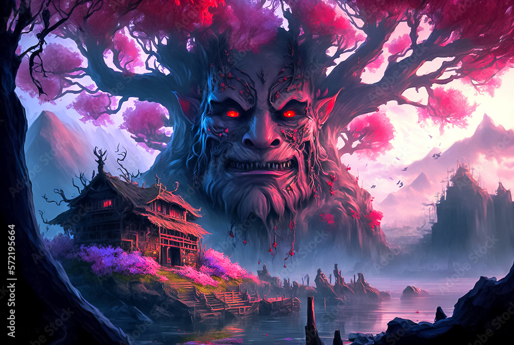 Halloween background with huge scary wooden monster with red eyes and ...