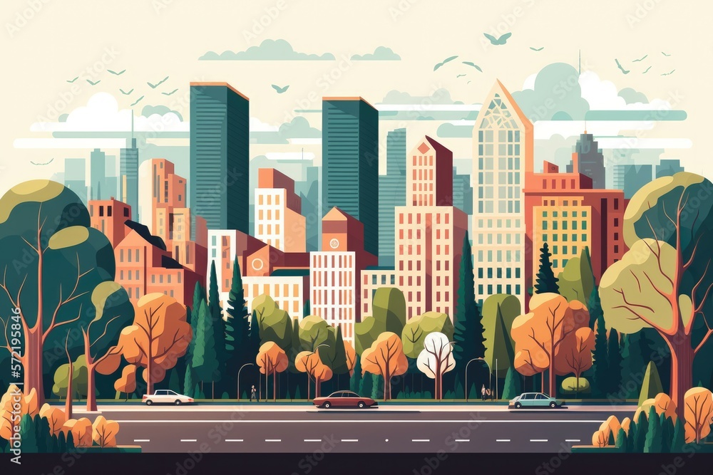 An urban panorama. Depicts a wide view of a bustling cityscape with ...