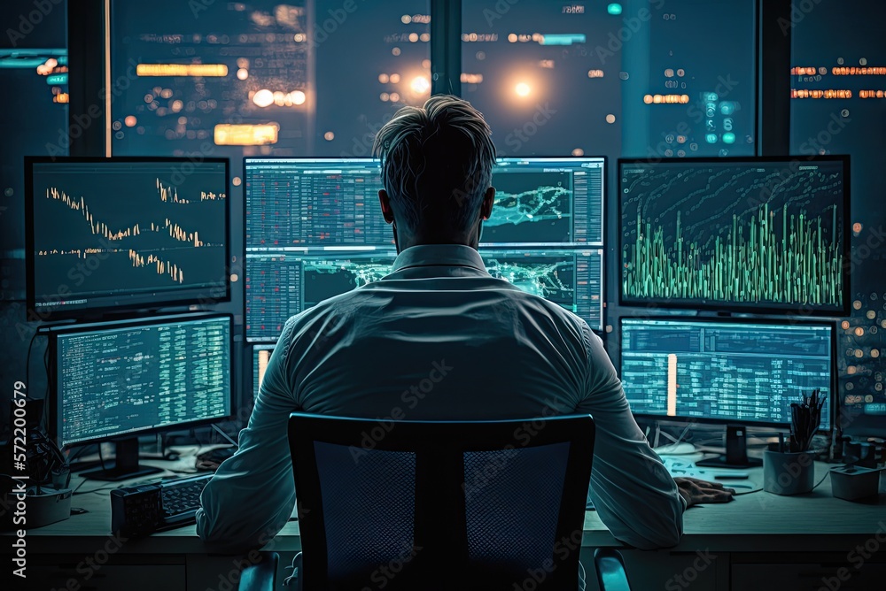 The back view of a trader who trades on the stock market, sits behind ...