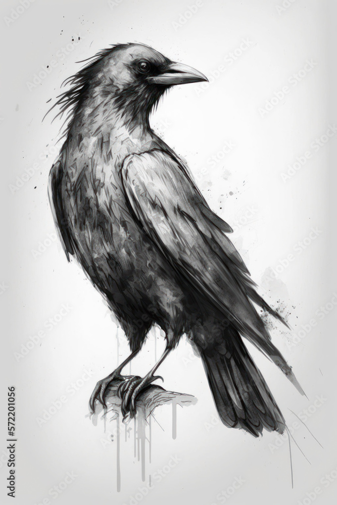 Black and white ai art sketch of a crow with ink blots and splats ...