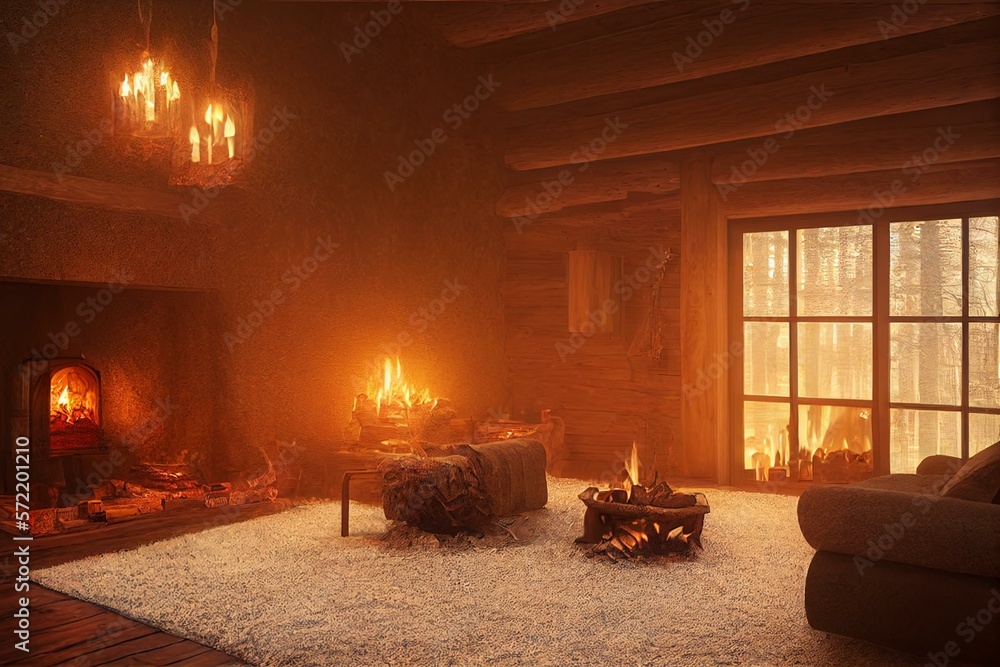 interior of a fantasy winter cabin with fireplace, warm and cozy ...