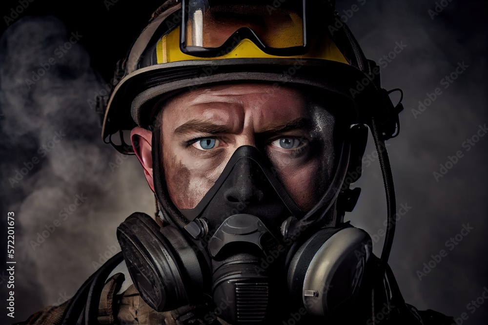 Firefighter with respirator on face. A soldier in a gas mask. Nuclear ...