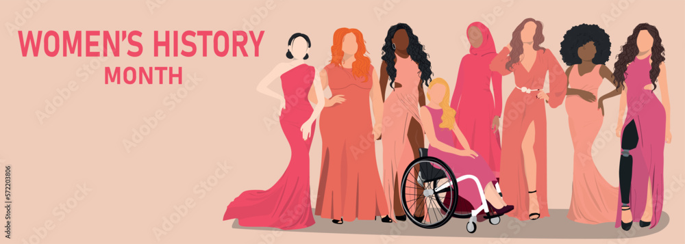 Women's History month banner. Women of defferent nationalities in dress ...
