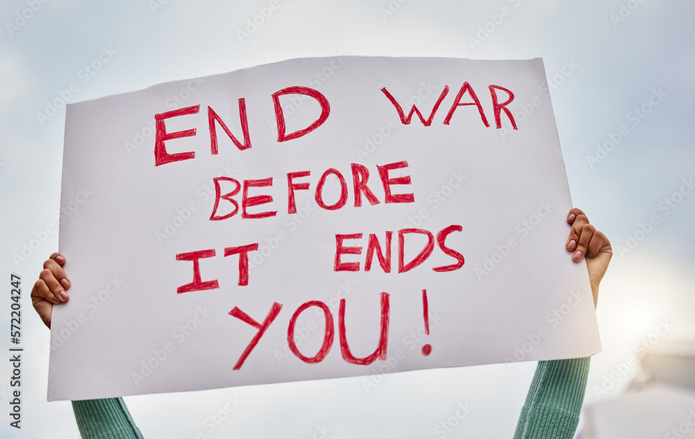 War protest, poster and woman hands rally to stop Ukraine conflict ...