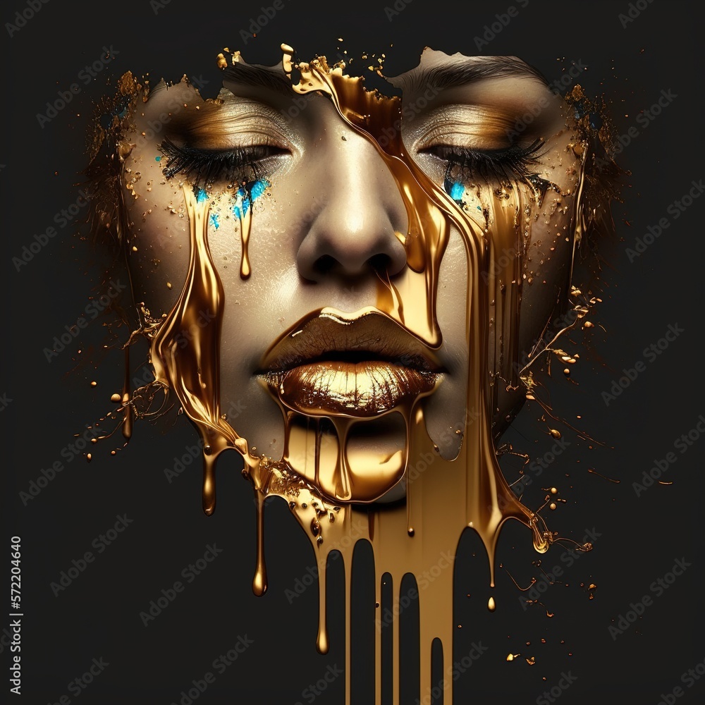 Spots of gold paint dripping from the face, lips and hands, lip gloss ...