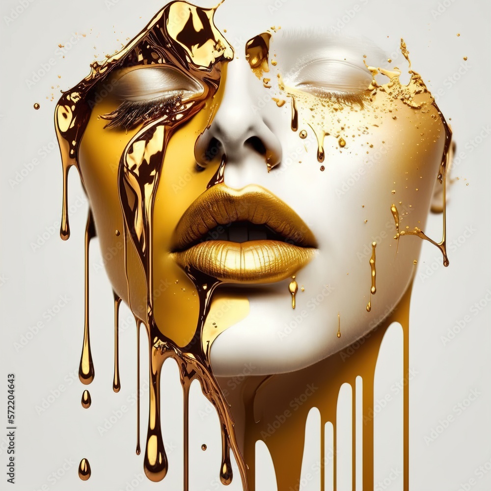 Spots of gold paint dripping from the face, lips and hands, lip gloss ...