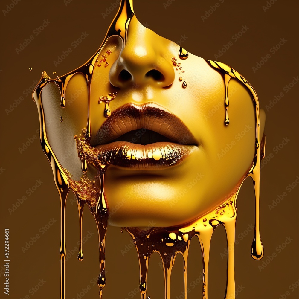 Spots of gold paint dripping from the face, lips and hands, lip gloss ...