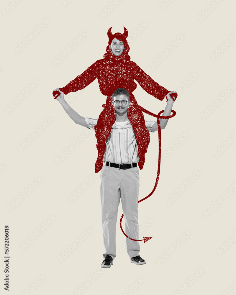 Contemporary art. Man holding on shoulders woman in image of devil ...