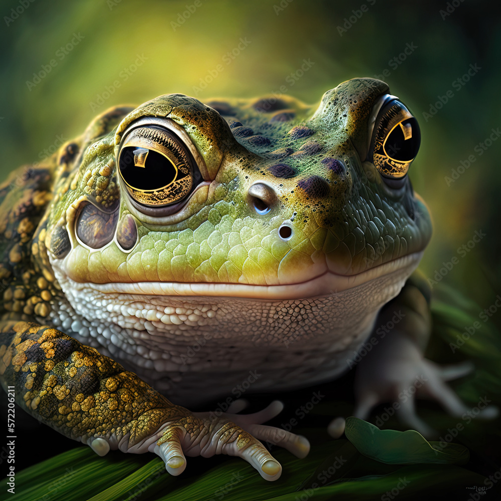 A green toad close-up shot captures the vibrant and unique ...