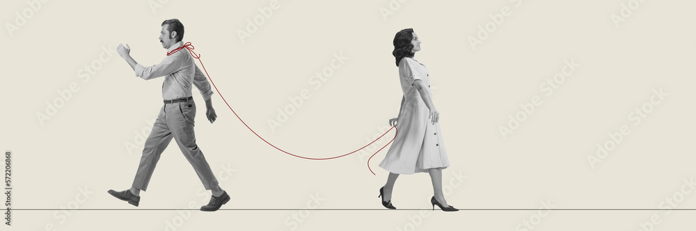 Contemporary art collage. Young woman holding man on thread ...