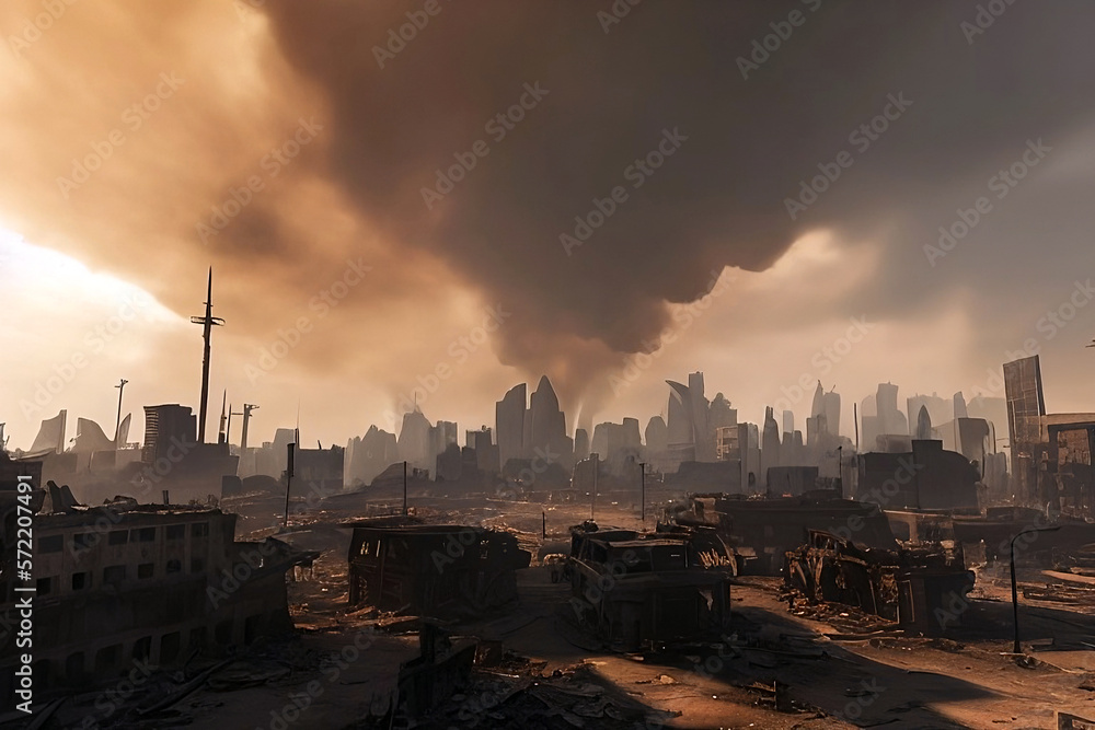 A post-apocalyptic city destroyed by war. Sky filled with smoke ...