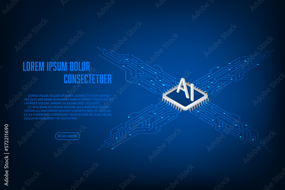 Vector isometric Artificial Intelligence text effect with cpu microchip digital and technology ...