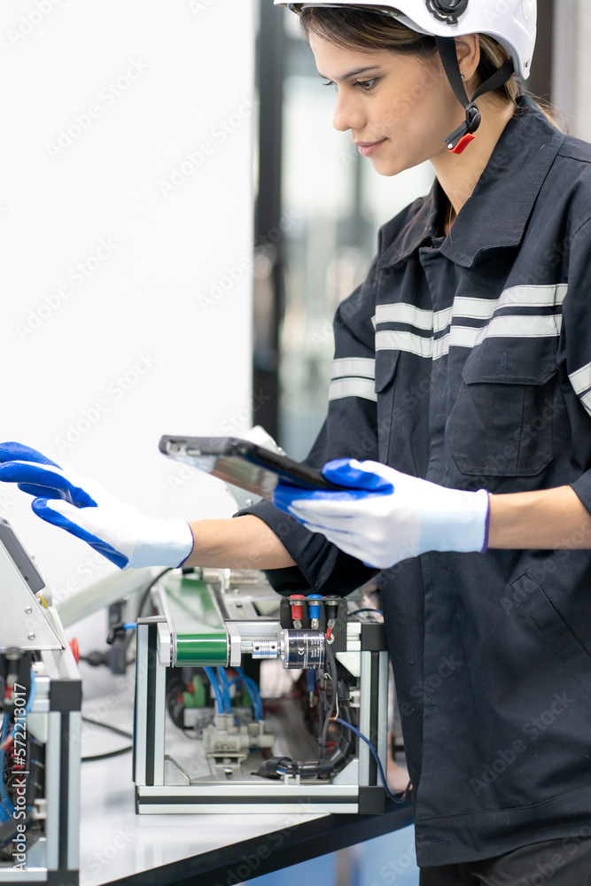 Foto de Computer science development engineer working on robotic arm connection and control ...