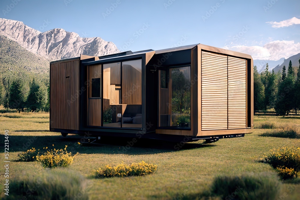 Modular wooden house on wheels with flat roof and big windows all ...