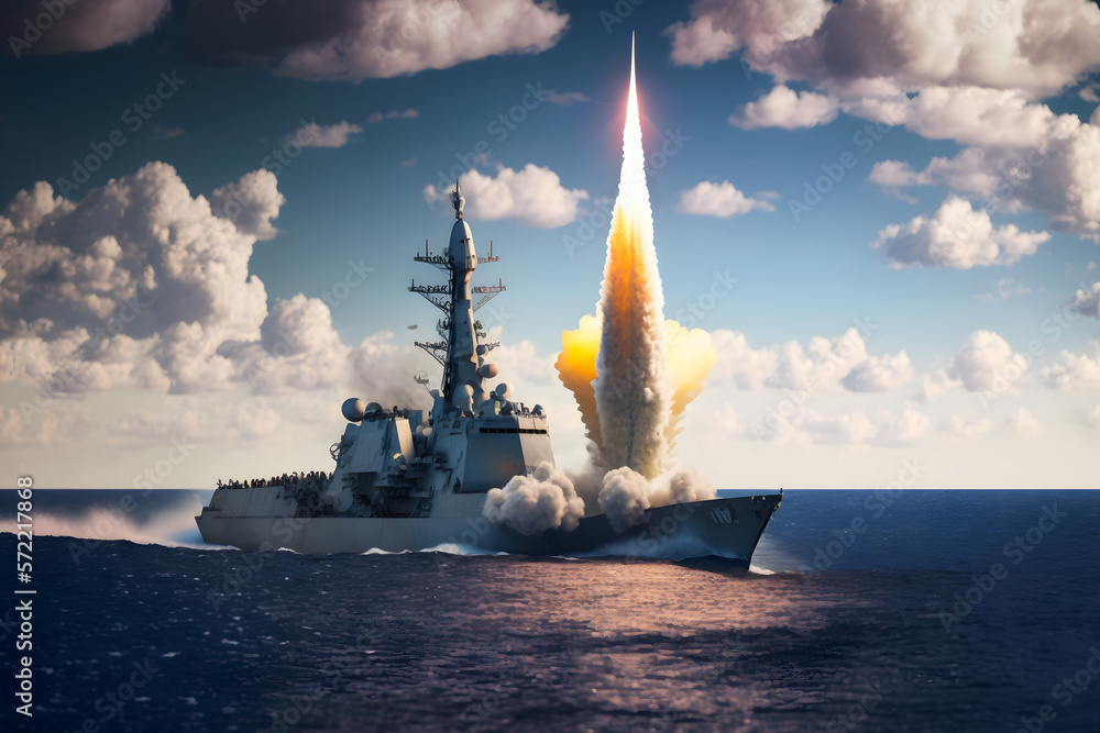 Military powerful ships in the sea release cruise missiles taking off ...