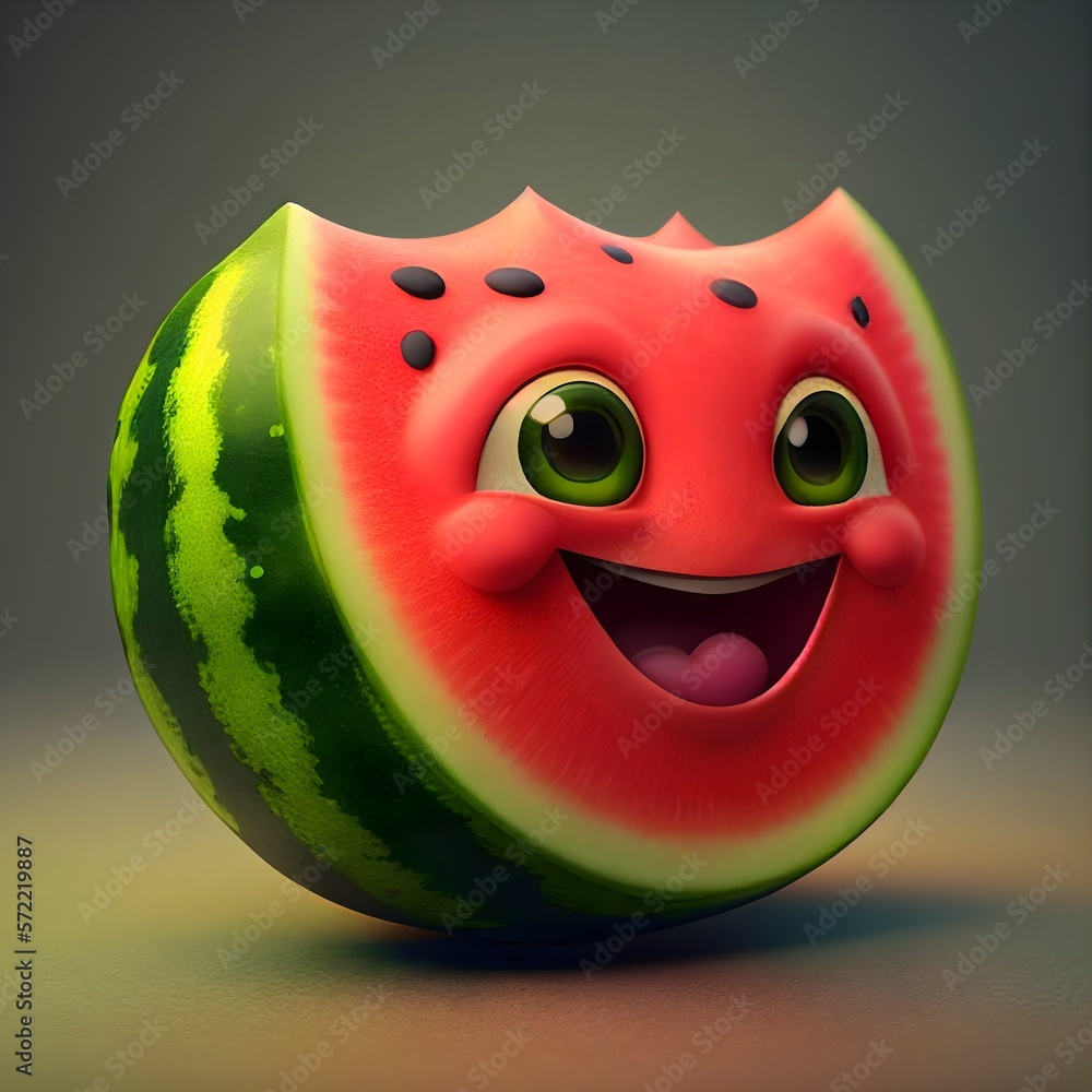 An emoji character of a smiling watermelon fruit with big, adorable ...